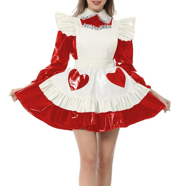 Sweet Kawaii Shiny PVC Leather Peter Pan Collar Mini Maid Dress with ...