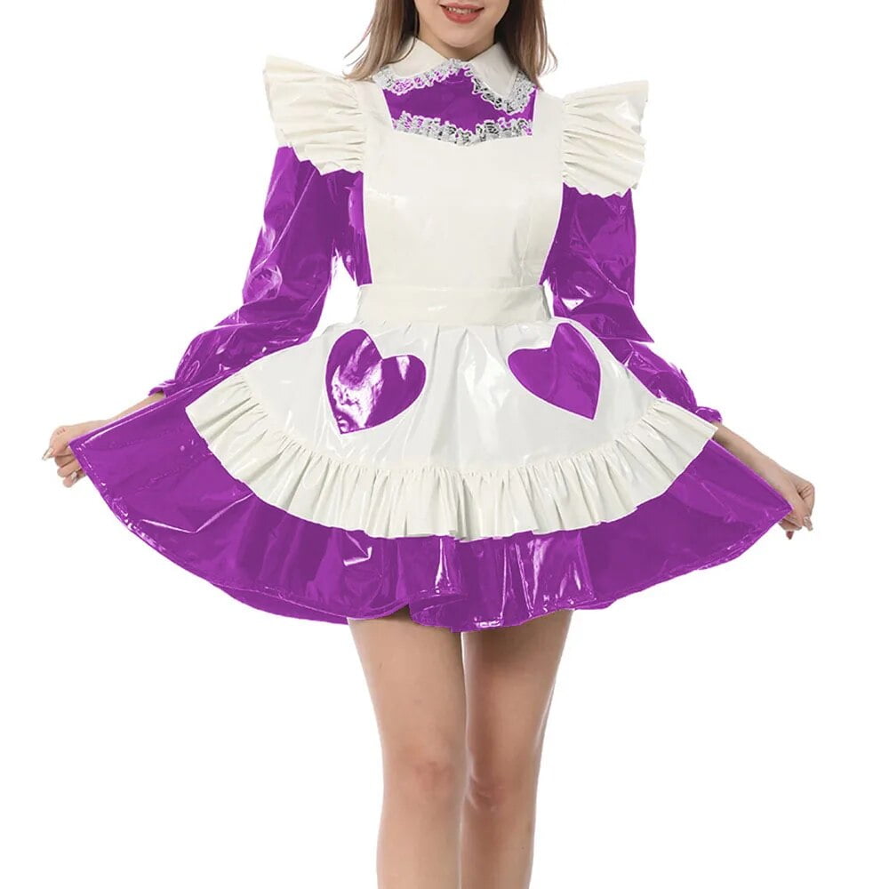 Sweet Kawaii Shiny PVC Leather Peter Pan Collar Mini Maid Dress with ...