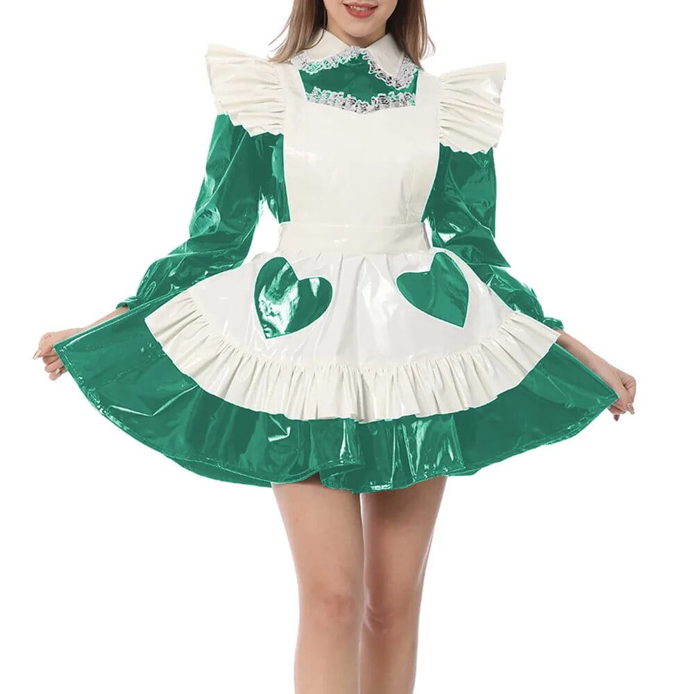 Sweet Kawaii Shiny PVC Leather Peter Pan Collar Mini Maid Dress with ...