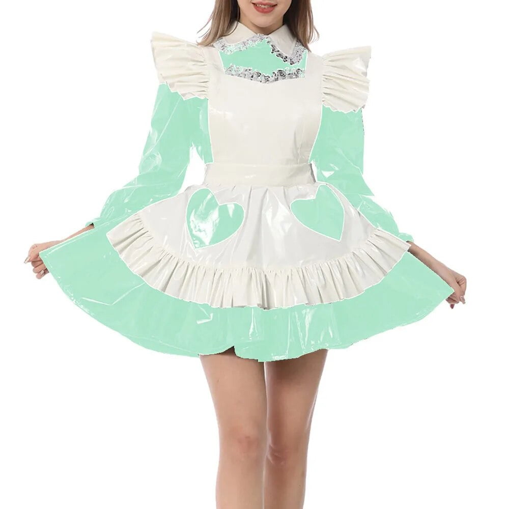 Sweet Kawaii Shiny PVC Leather Peter Pan Collar Mini Maid Dress with ...