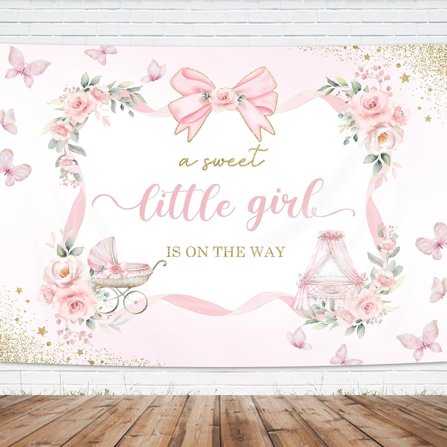 A Sweet Little Girl Baby Shower Pretty Backdrop Feet Floral It's a Girl ...