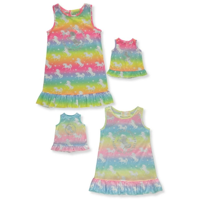 Sweet N Sassy Girls Unicorn 2 Piece Nightgown With Doll Outfits Pink
