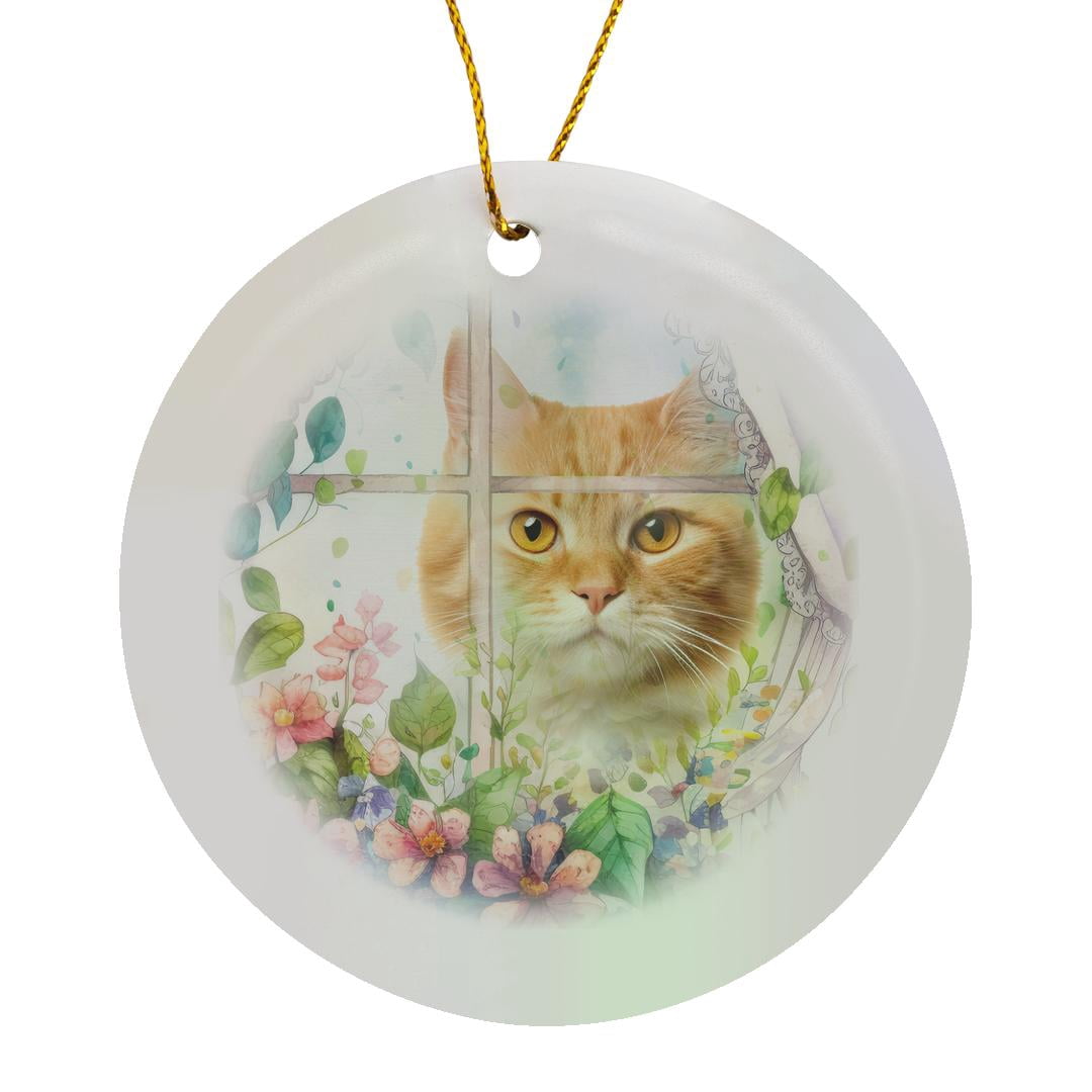 3drose, Sweet Orange Tabby Cat Looks Out a Garden Window, Circle ...