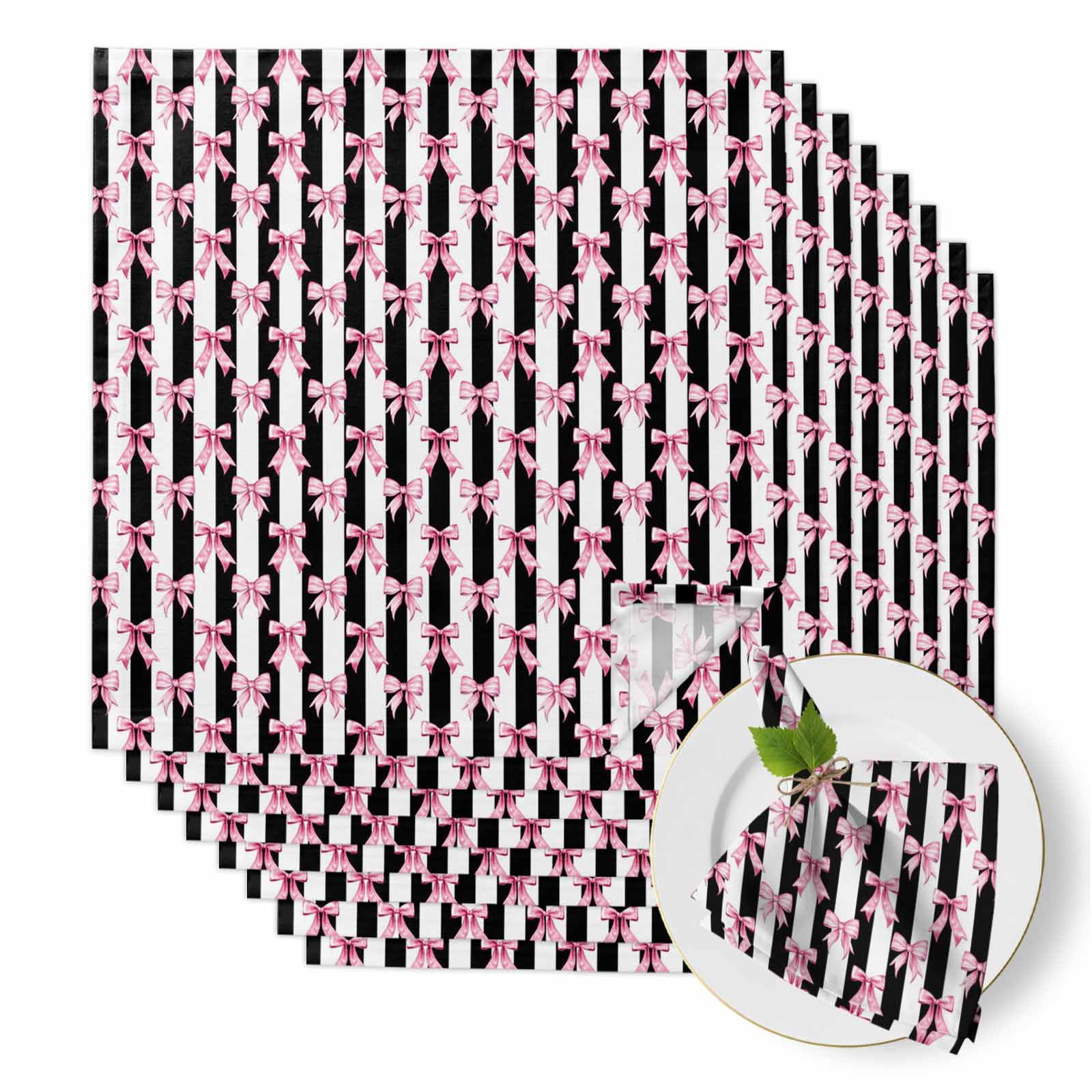 Sweet Pink Bows Cloth Napkins Set of 8 Simple White Black Striped Soft ...