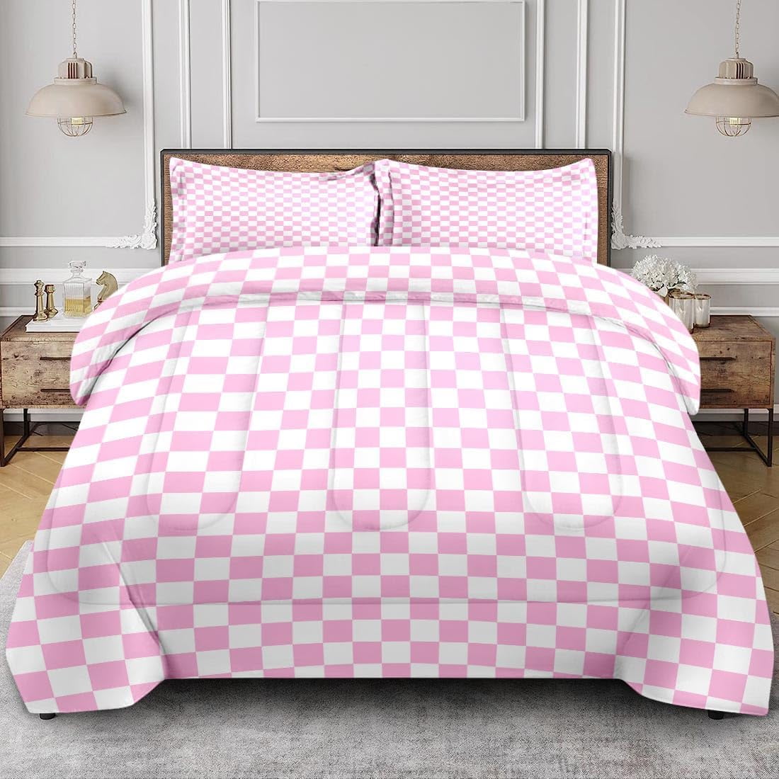 Sweet Pink and White Checkered Pattern Bedding Set (Including Duvet ...