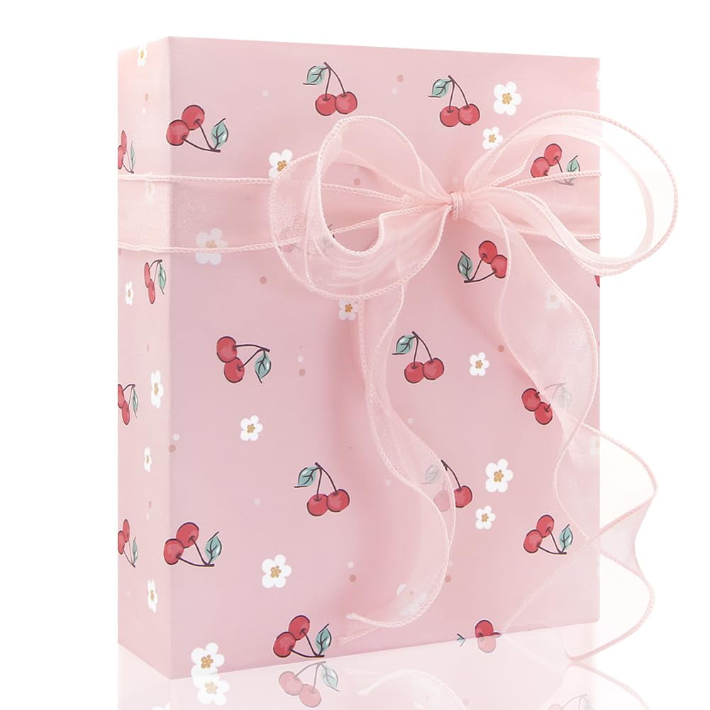 Sweet Red Cherry DHF10 Green Leaves and White Yellow On Light Pink ...