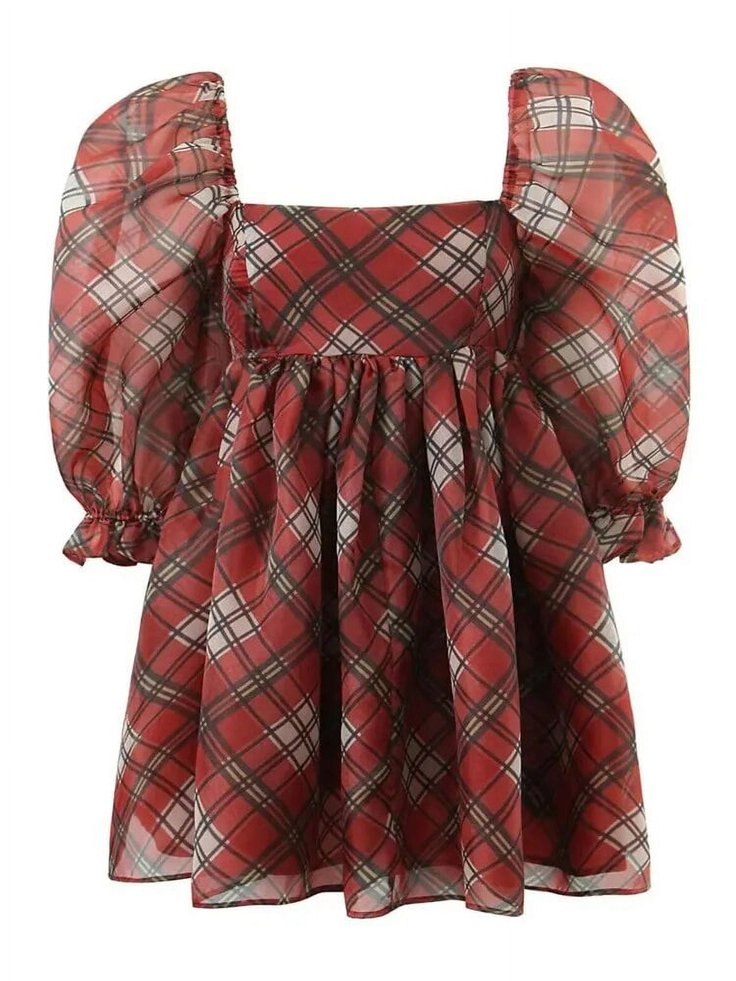 Sweet Red Gingham Plaid Organza Ball Gown Dress Puff Sleeve Retro Women ...