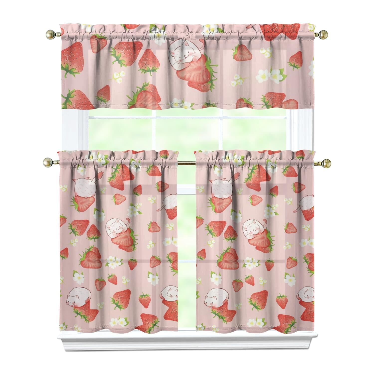 Sweet Red Strawberry Kitchen Curtains Set - 3 Piece Kawaii Berries Tier ...