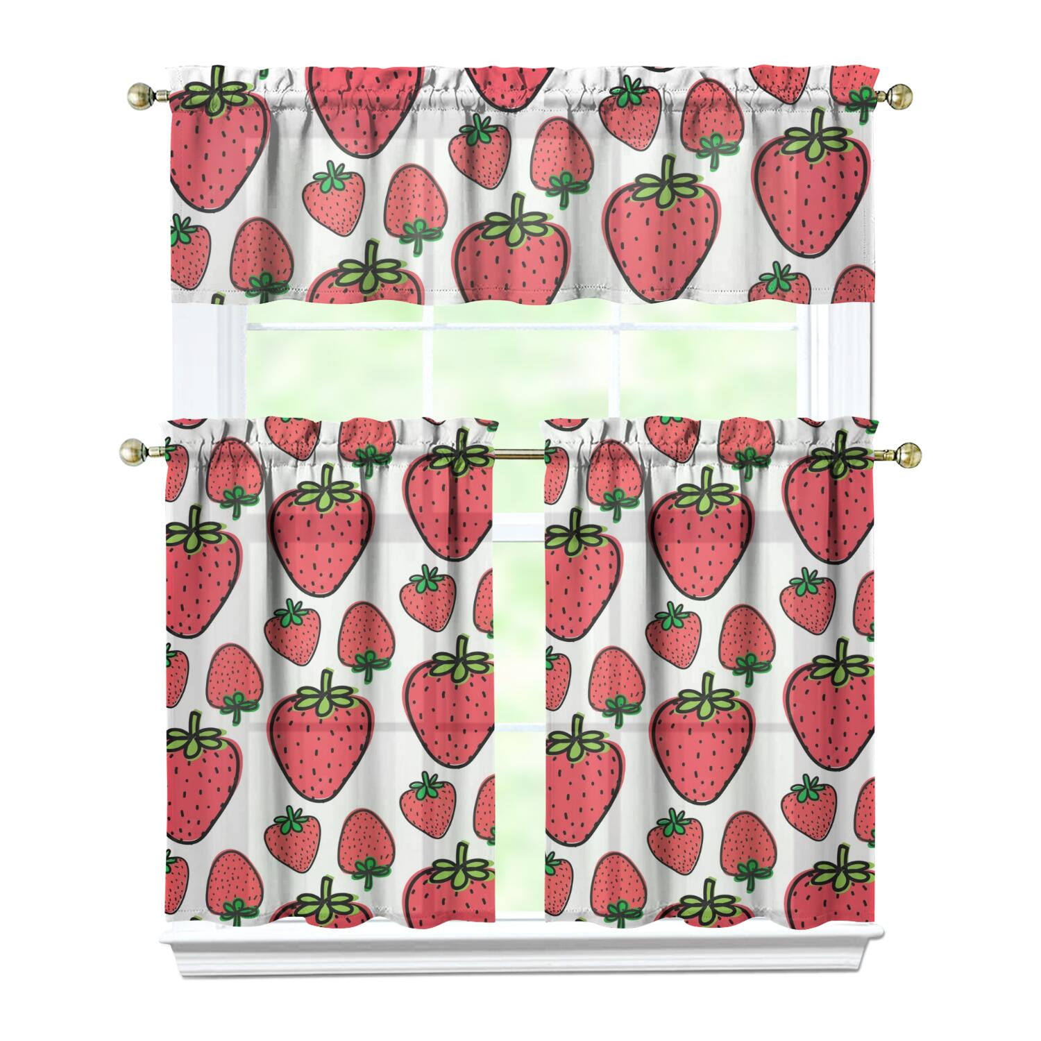 Sweet Red Strawberry Window Treatment Panels - 3 Piece Kitchen Curtains ...