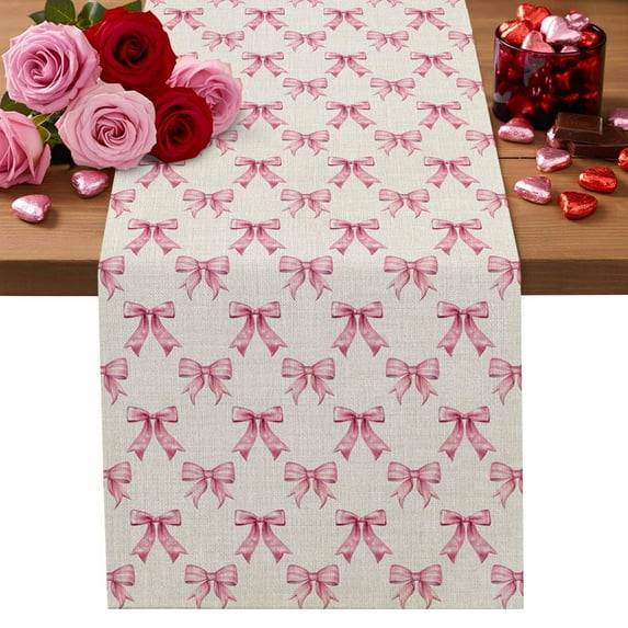 Sweet Retro Bows Cotton Linen Table Runner Pink Bow Vintage Linen ...