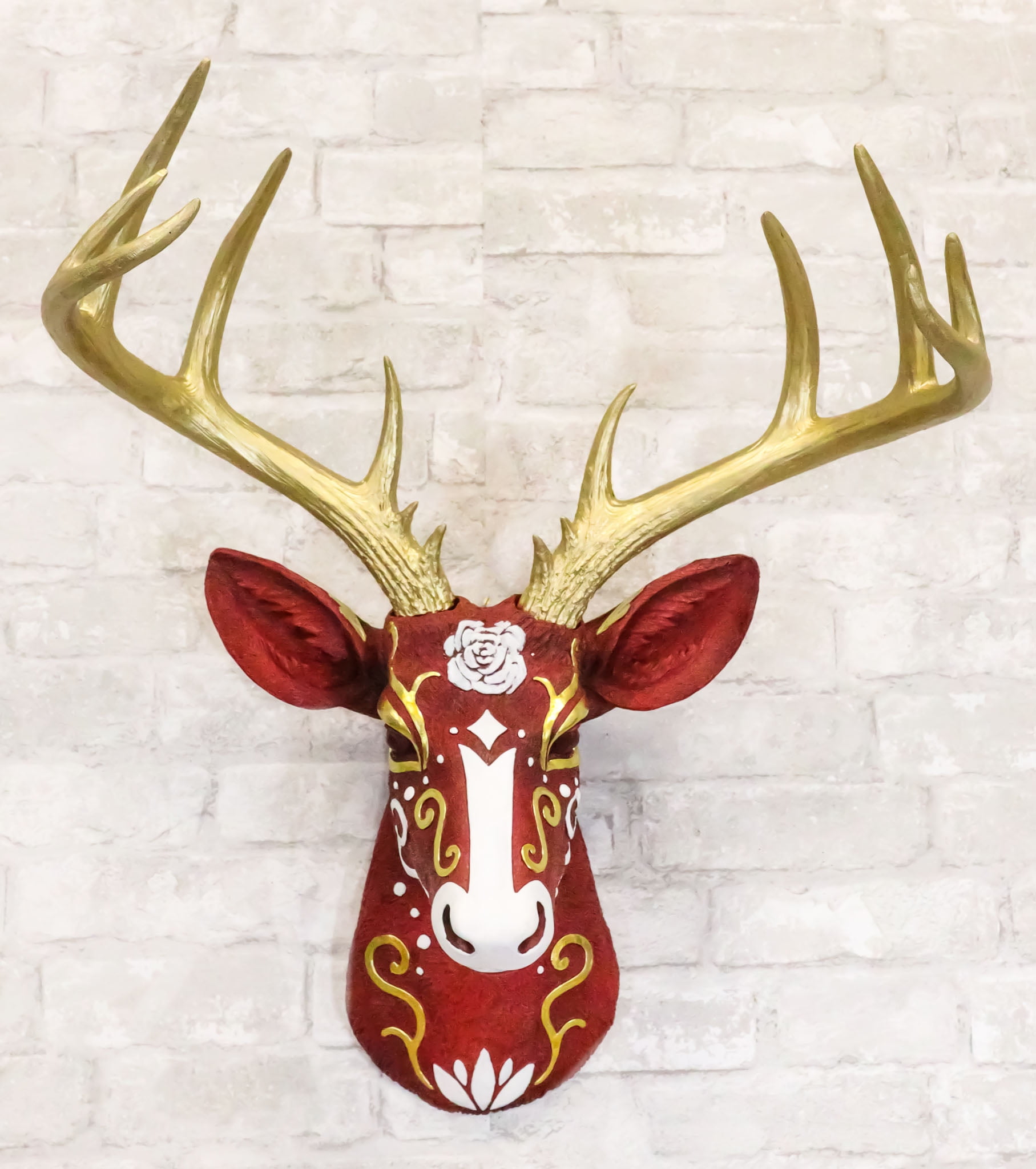 Sweet Rose Red Parade Buck Stag Deer Golden Antlers Scrollwork Wall ...