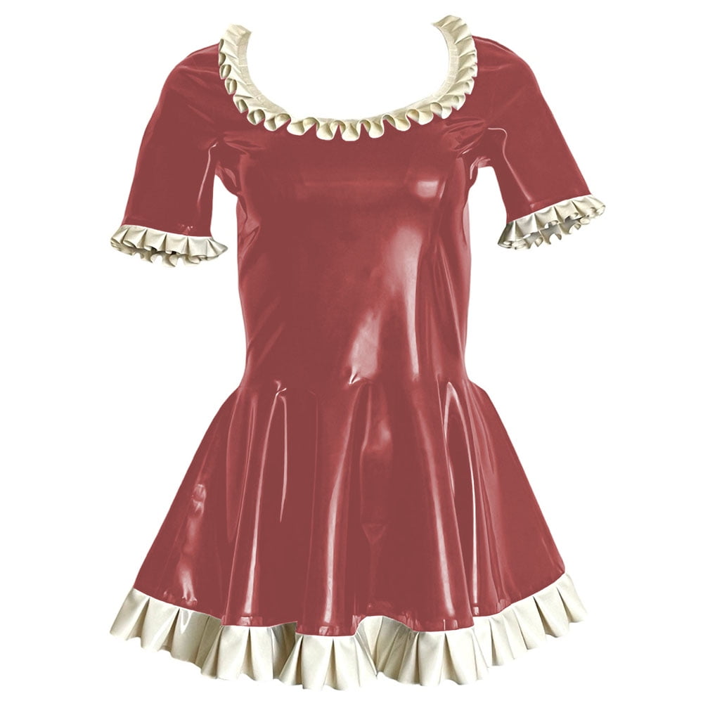 Sweet Ruffles Short Sleeve Paty Mini Dress Shiny PVC Leather Scoop Neck ...