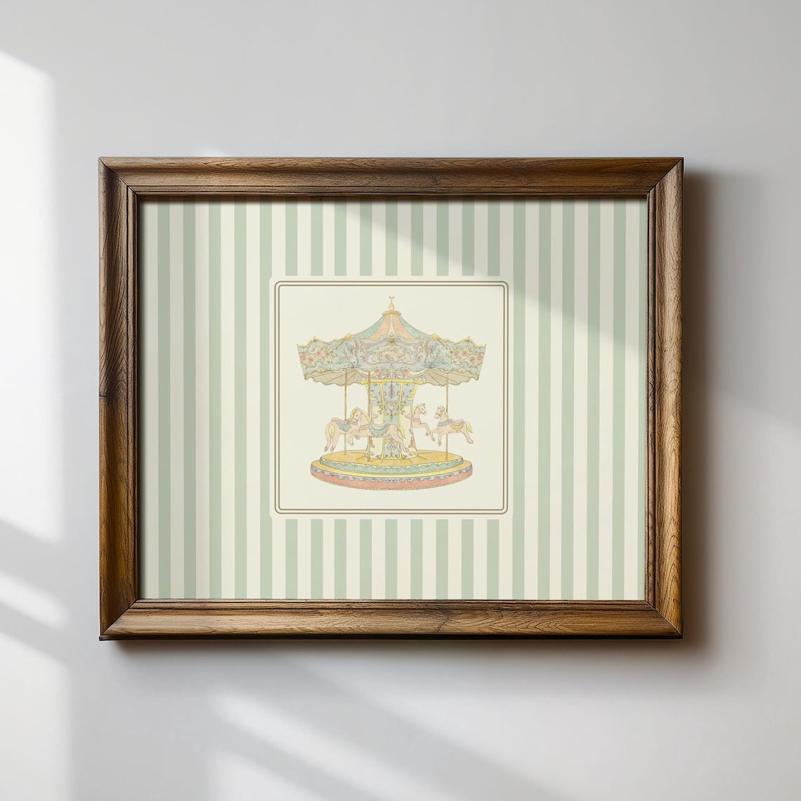 Sweet Sage Striped Vintage Carousel Art Print, Horizontal, Instant ...