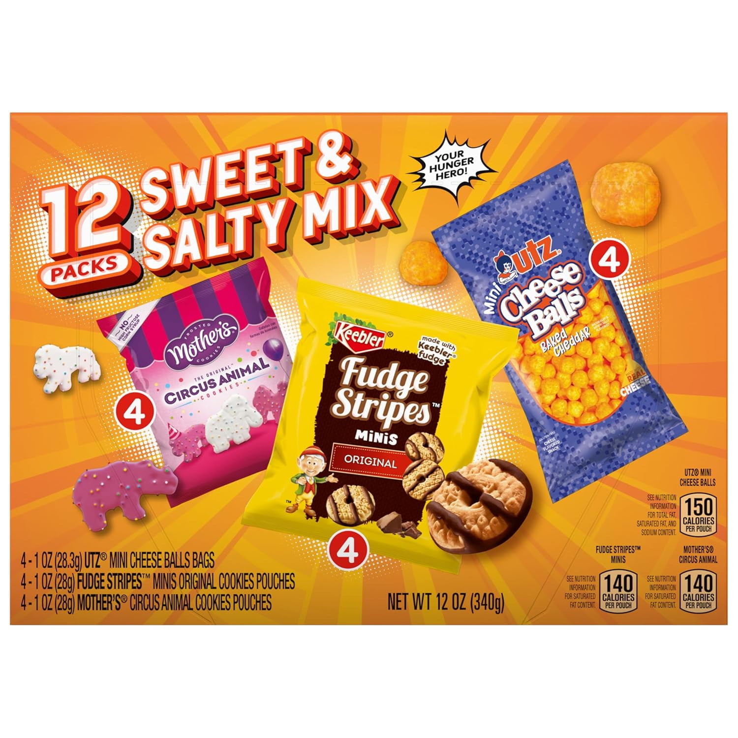 Sweet & Salty Mix, Fudge Stripes, Mother's Circus Animals, Utz Mini Cheese Balls, 1 Oz. (Pack of ...