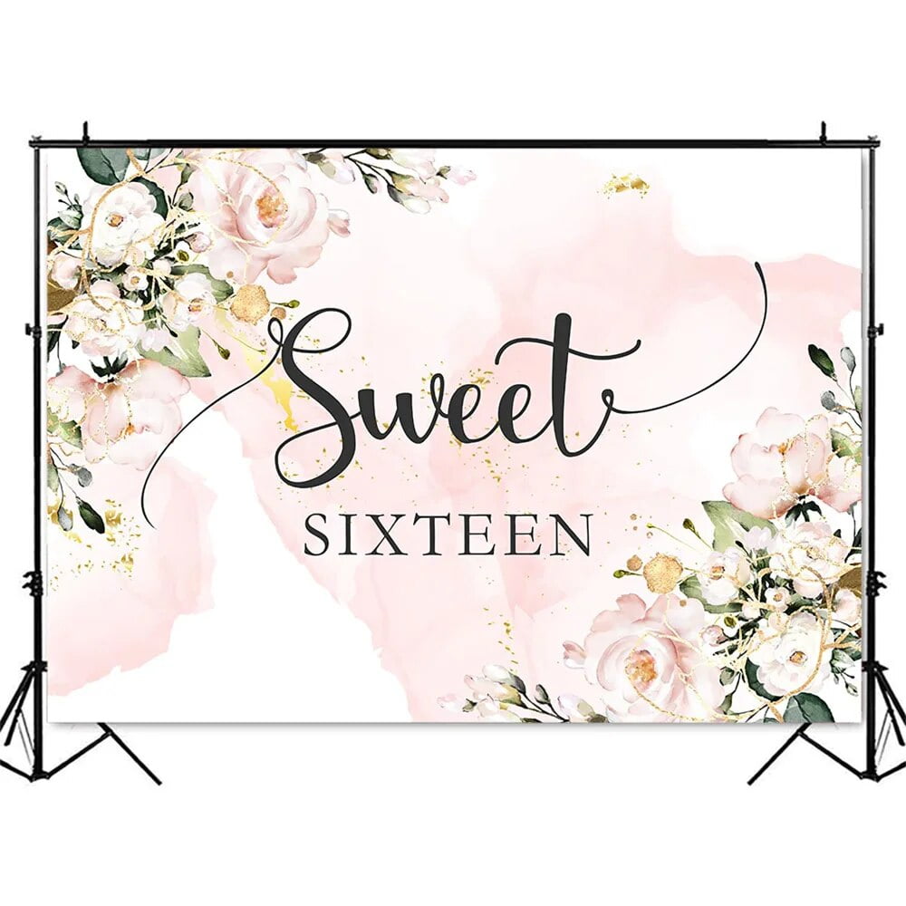 Sweet Sixteen BIrthday Backdrop Rose Pink Flowers 16th Birthday Party ...