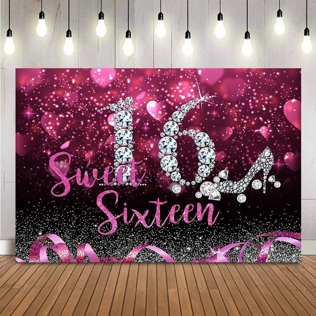 Sweet Sixteen Birthday Backdrop 16th Diamonds girls birthday party decoration Pink Bokeh Glitter ...