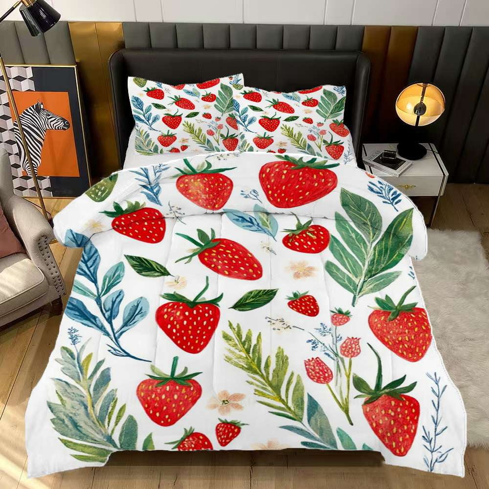 Sweet Strawberry Summer Watercolor Art Comforter Set Queen Size Bedding ...