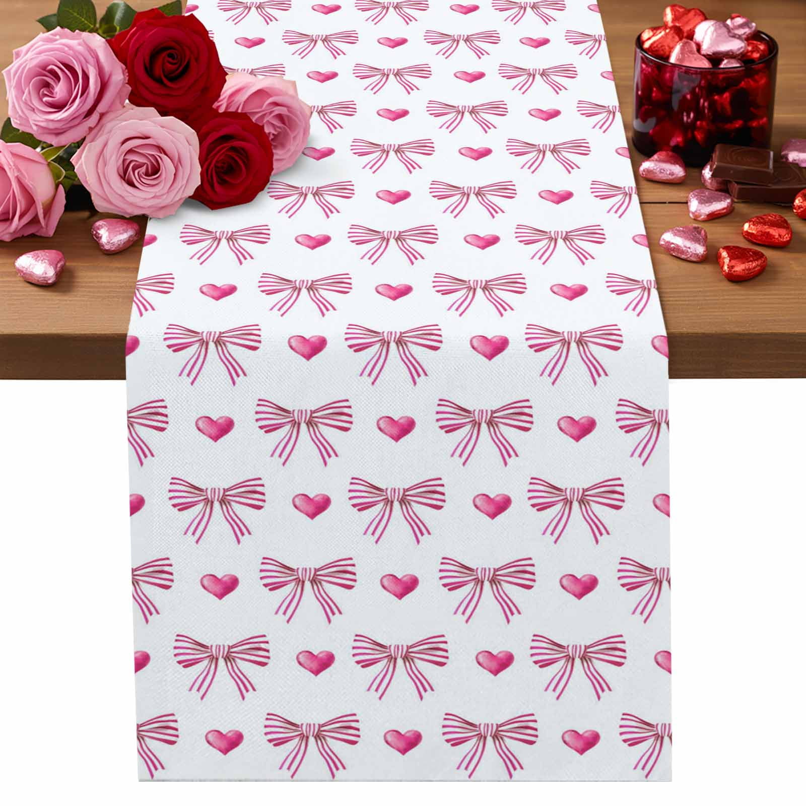 Sweet Stripe Bows Cotton Linen Table Runner Pink Bow Heart Pink Theme ...