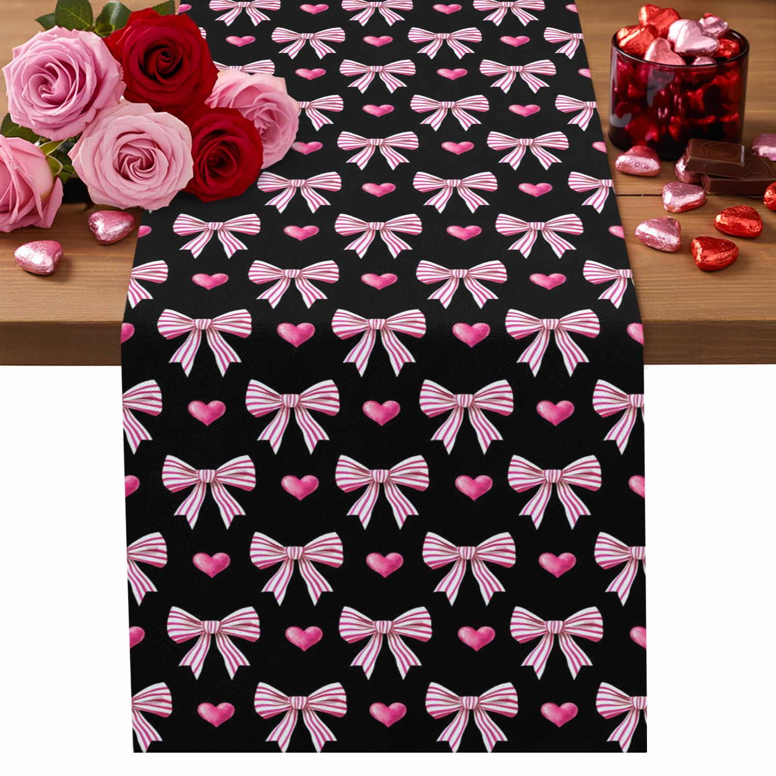 Sweet Striped Bows Cotton Linen Table Runner Pink Love Bow Black ...