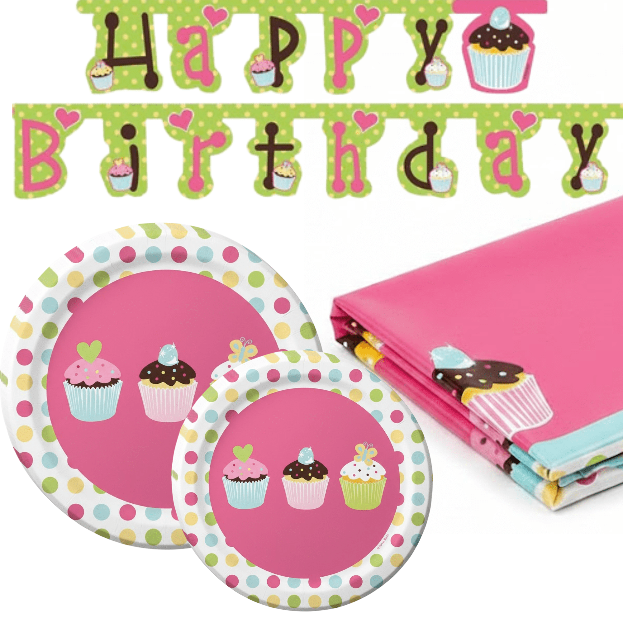 Sweet Treats Cupcake Theme Party Supply Kit with Happy Birthday Banner ...
