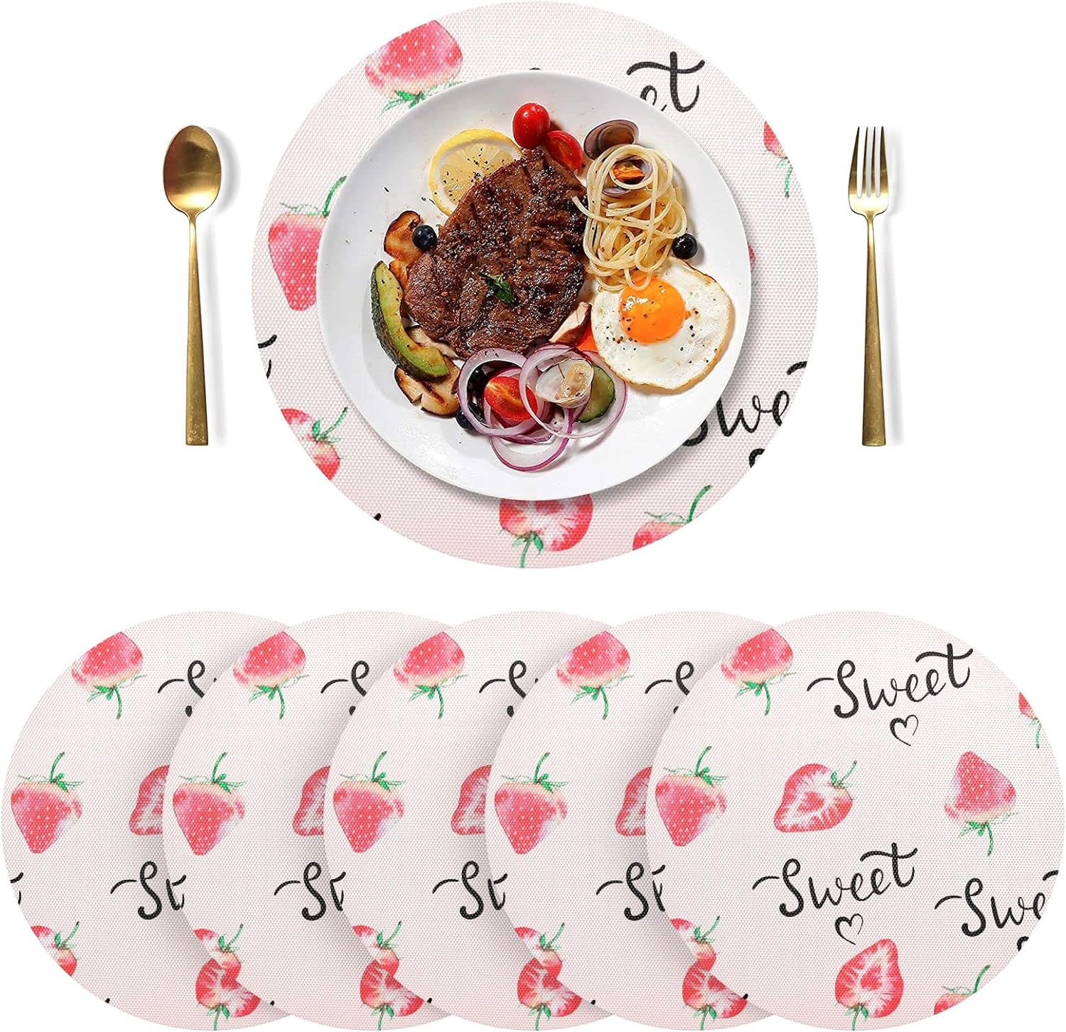 Sweet Watercolor Strawberry Round Place Mats Set of 6, Heat Stain ...