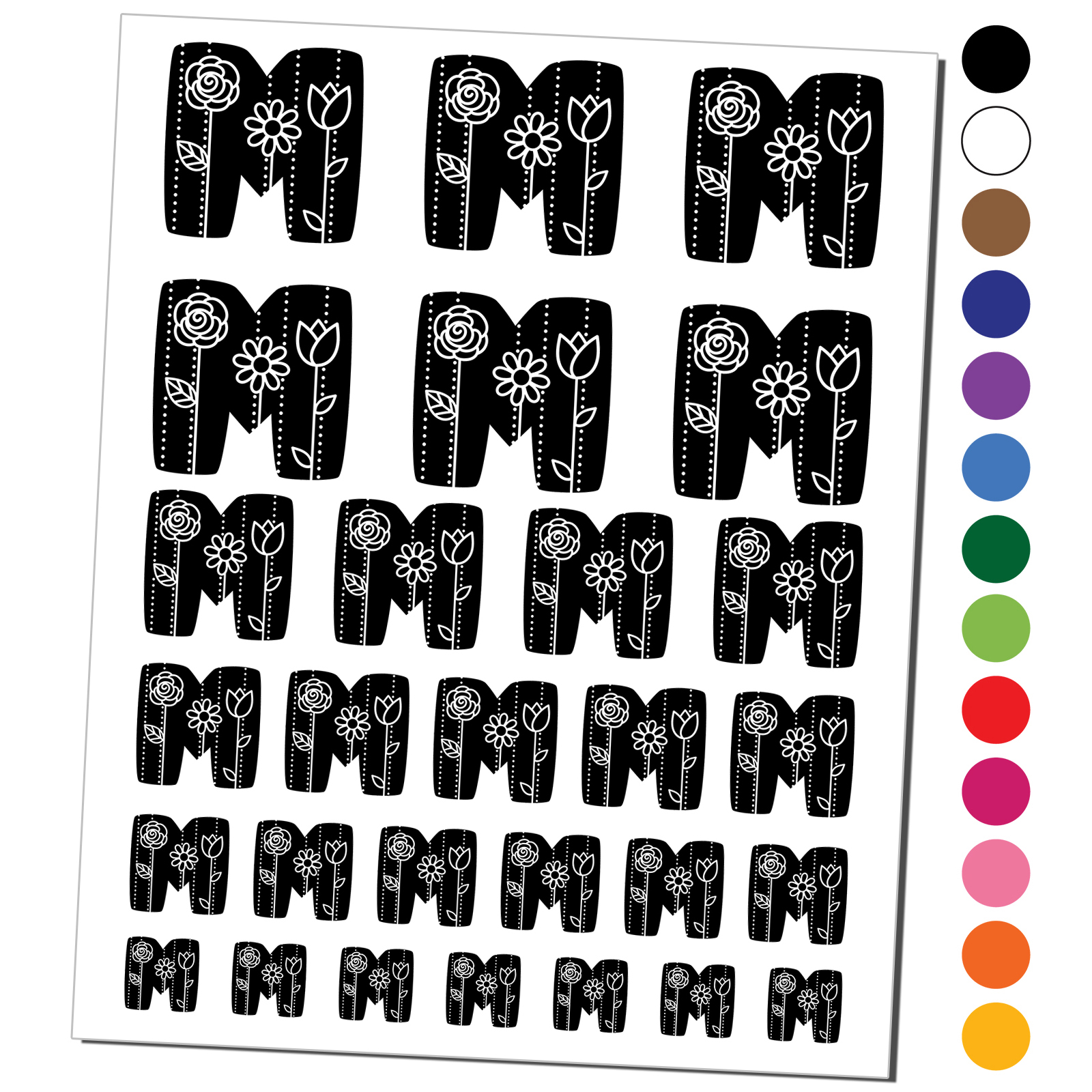 Sweet and Cute Flowers Rounded Block Letter M Water Resistant Temporary ...