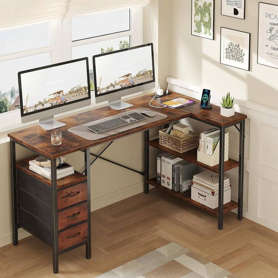 Sweetcrispy L Shaped Desk With Shelf Drawers, White Corner Computer ...