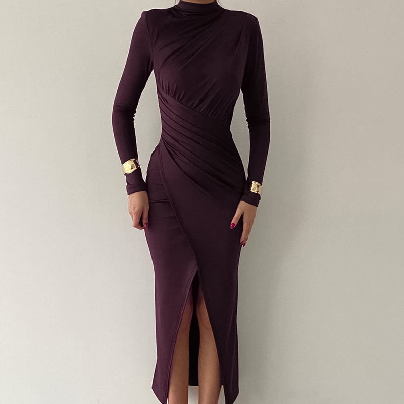 Sweetie Fall French Fashion Temperament Medium High Neck Gathered Slit ...
