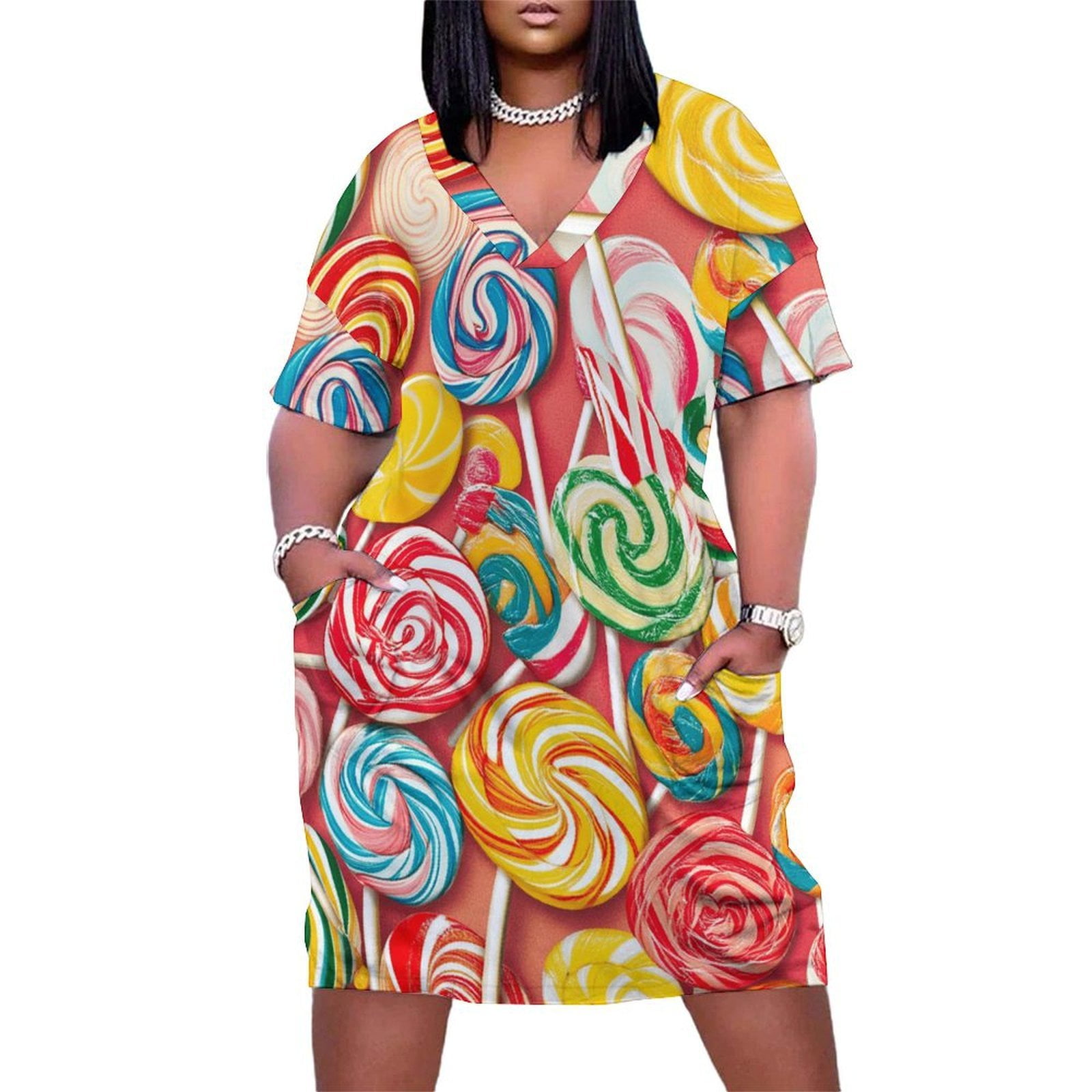 Sweets And Rainbow Lollipops Pattern Loose Pocket Dress Dresses Summer ...