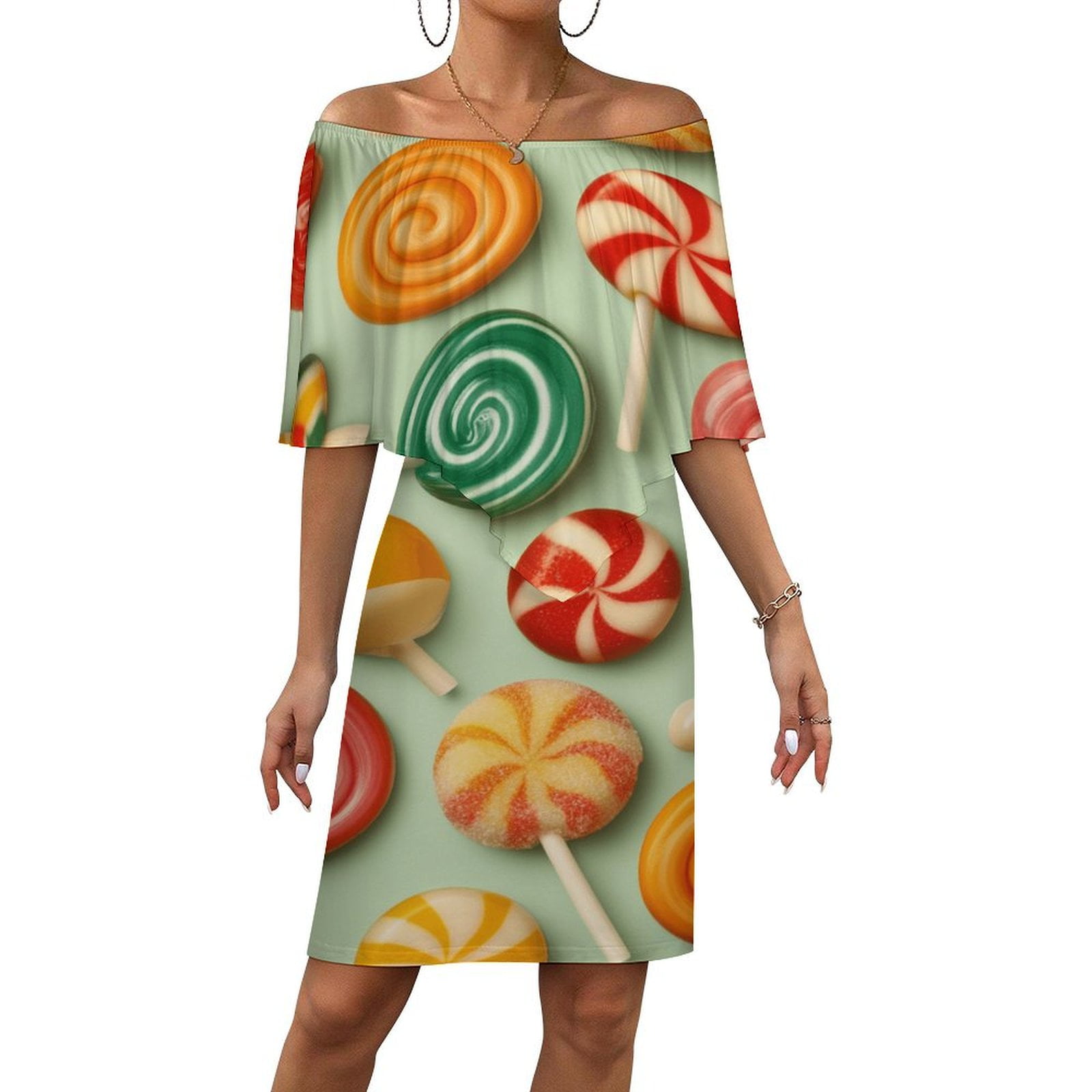 Sweets And Rainbow Lollipops Pattern Women's Off The Shoulder Ruffles ...