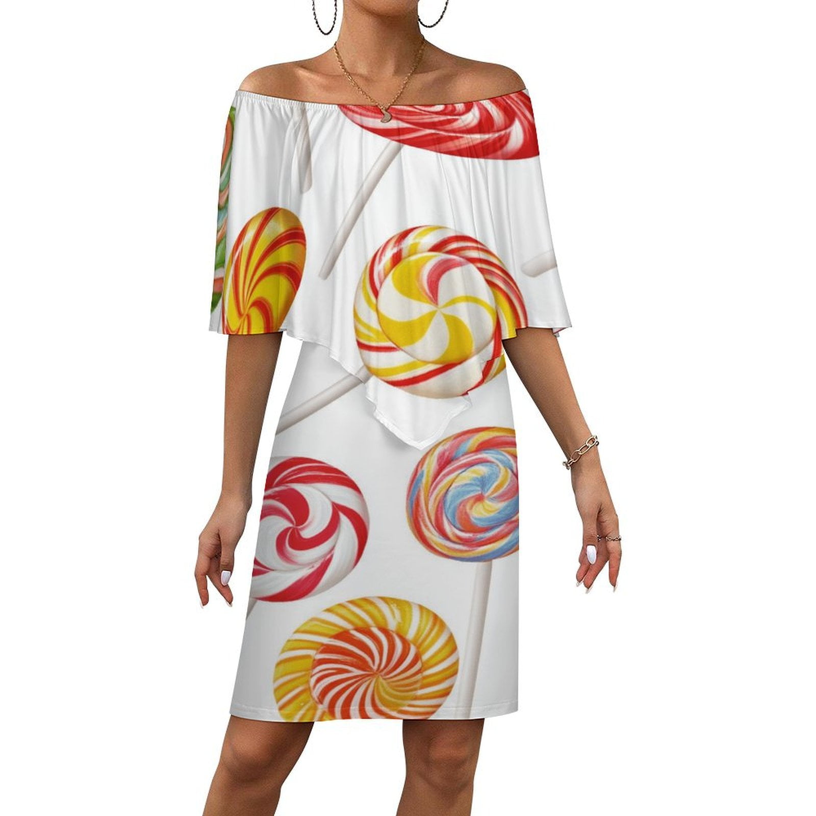 Sweets And Rainbow Lollipops Pattern Women's Off The Shoulder Ruffles ...