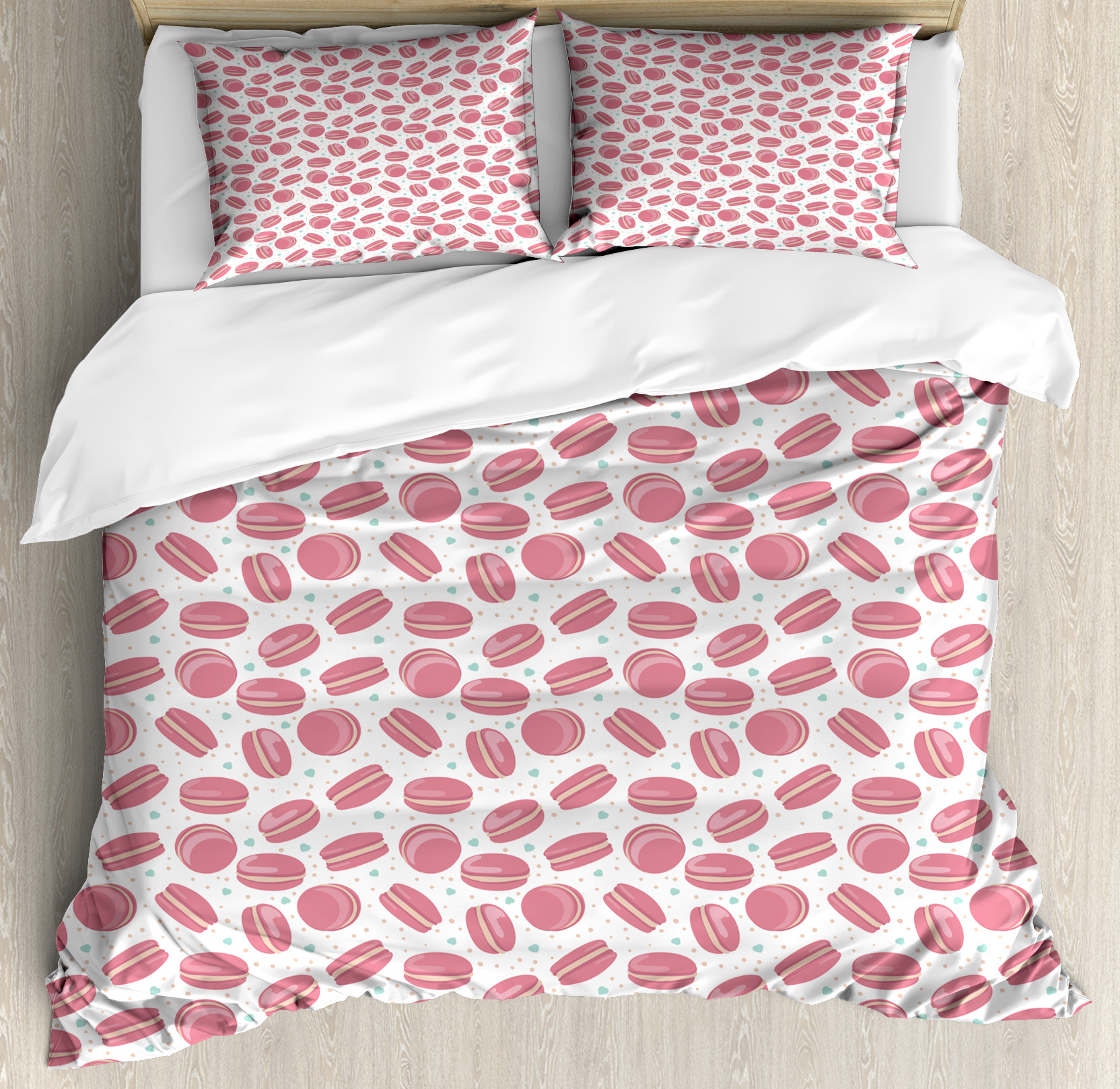 Sweets Duvet Cover Set, Macaroon Cookies Hearts Dots Cartoon Arrangement Delicious Illustration ...