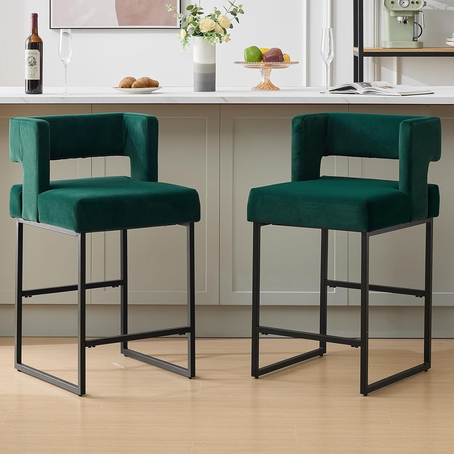Sweiko Bar Stools Set of 2, Velvet Counter Height Bar Chairs, Square ...