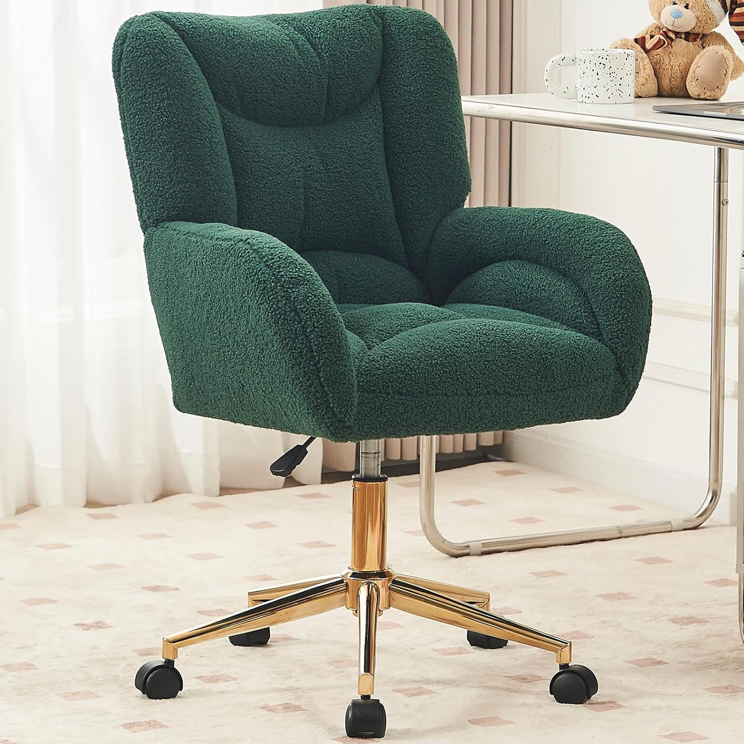 Sweiko Green Desk Chair with Teddy Sherpa Fabric for Home Office Height ...