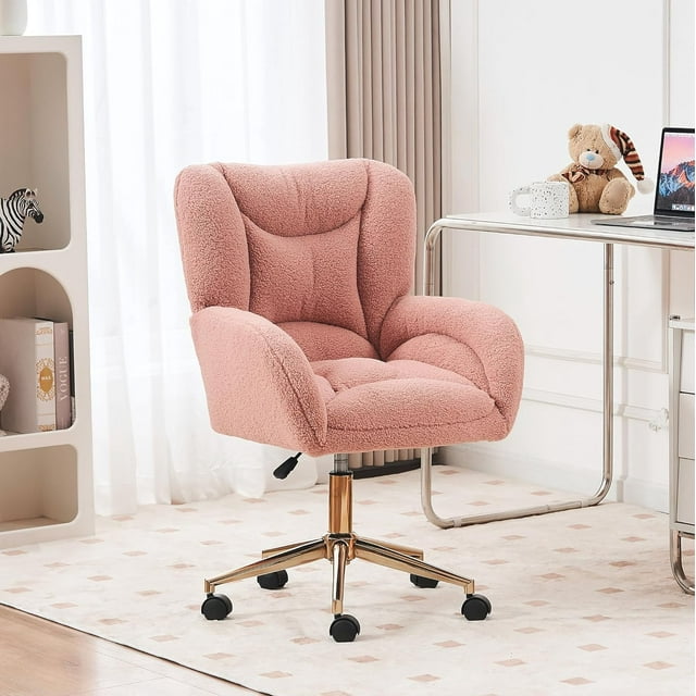 Sweiko Pink and Gold Desk Chair with Wheels and Arms Teddy Sherpa Desk ...