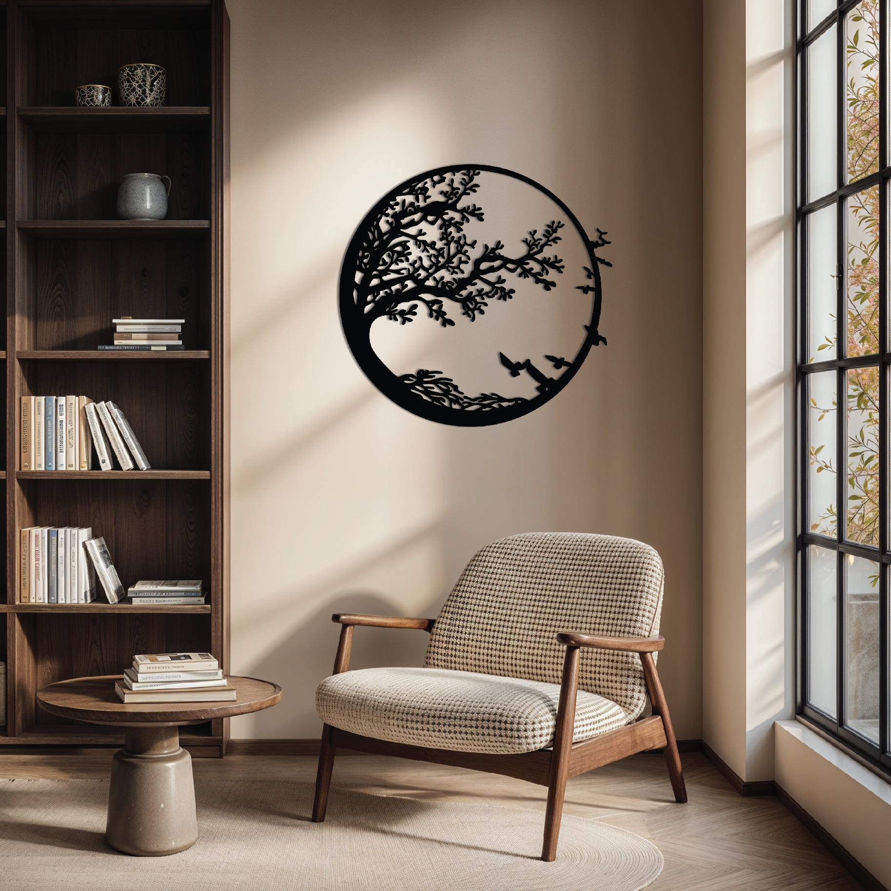 Swift Beacon Tranquil Tree Circle Metal Wall Art - Elegant Textured Black Finsihed with Solid ...