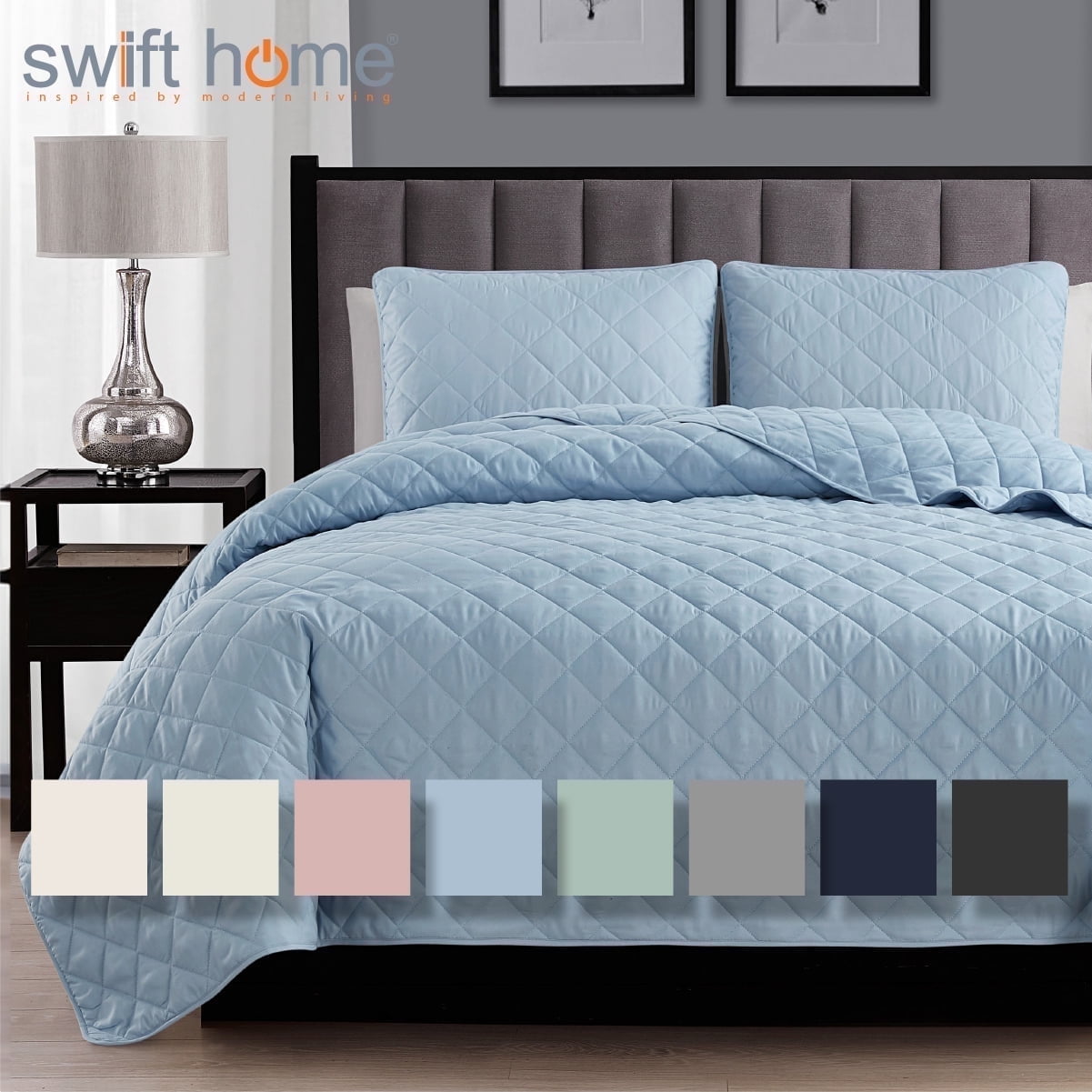2PC Light Blue Solid Soft Twin/Twin XL Quilt Set with Shams, Reversible ...