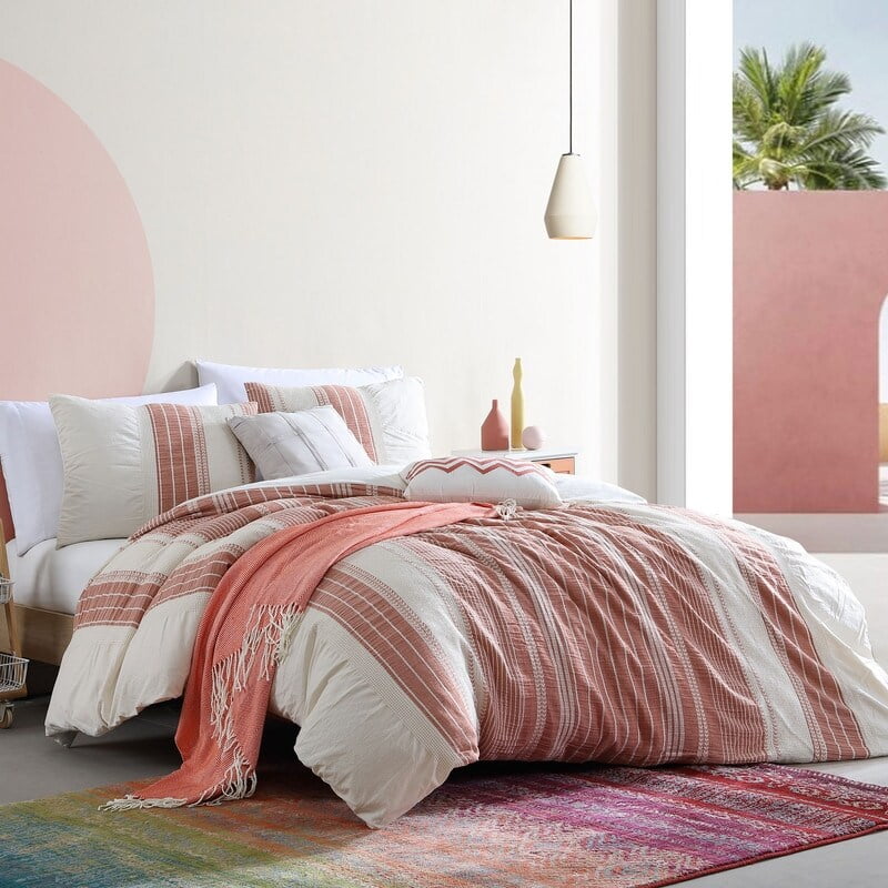 Swift Home Nenah 100% Cotton Gauze Waffle Herringbone Stripes Jacquard 3-Piece Comforter Set ...