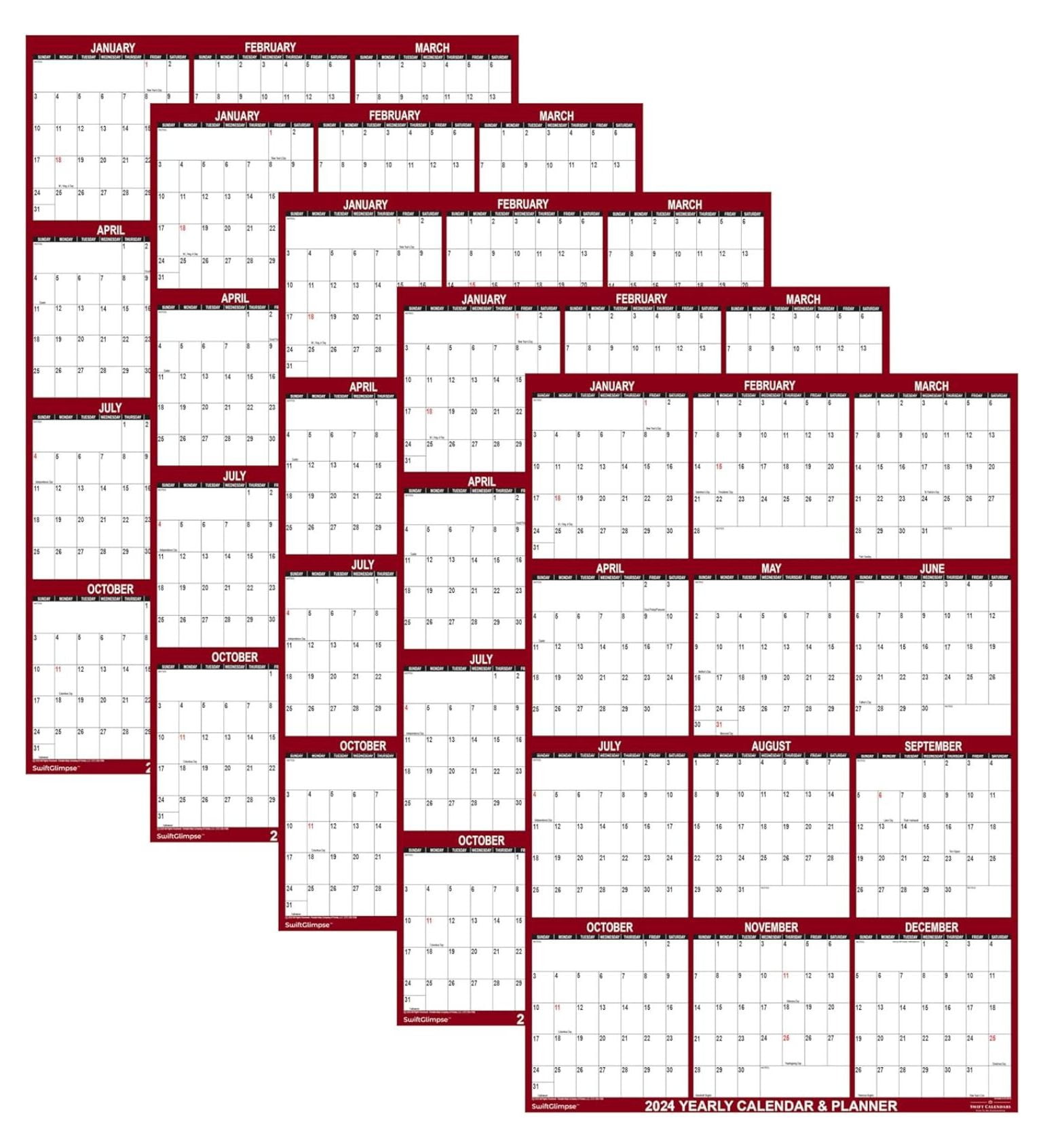 SwiftGlimpse 2024 Wall Calendar, 36" x 24", Multi-Pack, Large, Erasable ...