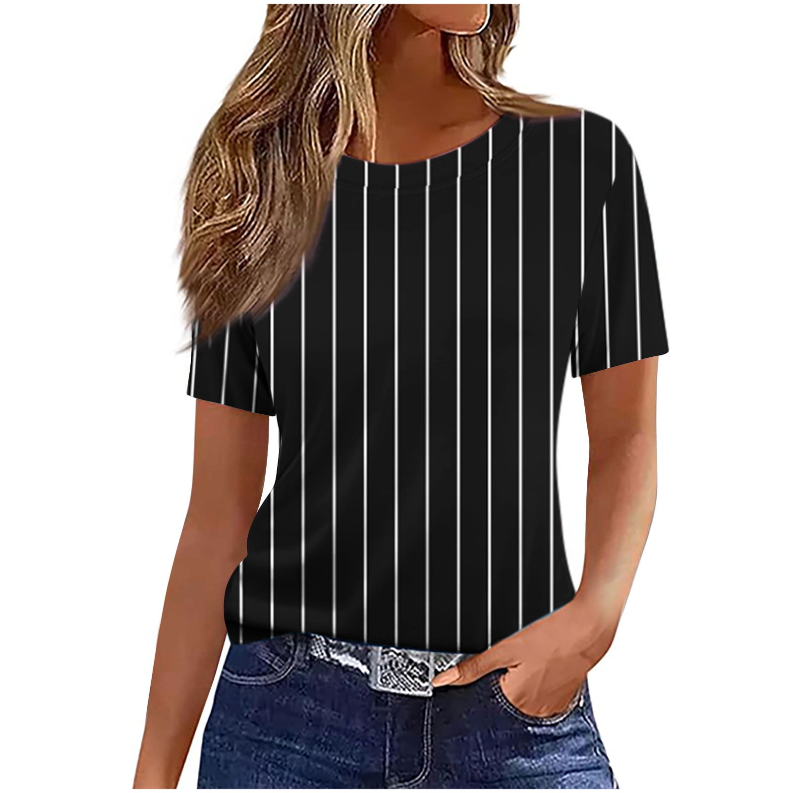 SwiftWear Classic Women's Summer Blouse Black Round-Neck Vertical White Stripes Short-Sleeve Tee ...