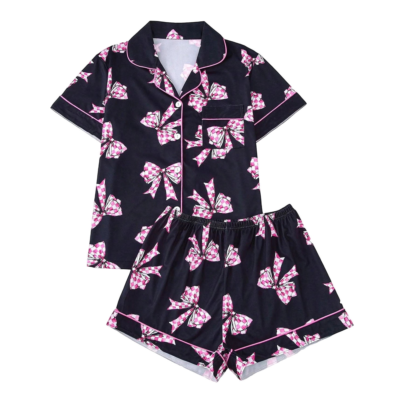 SwiftWear Pink Black Cute Bow/Floral/Heart Print Pajama Set for Women ...