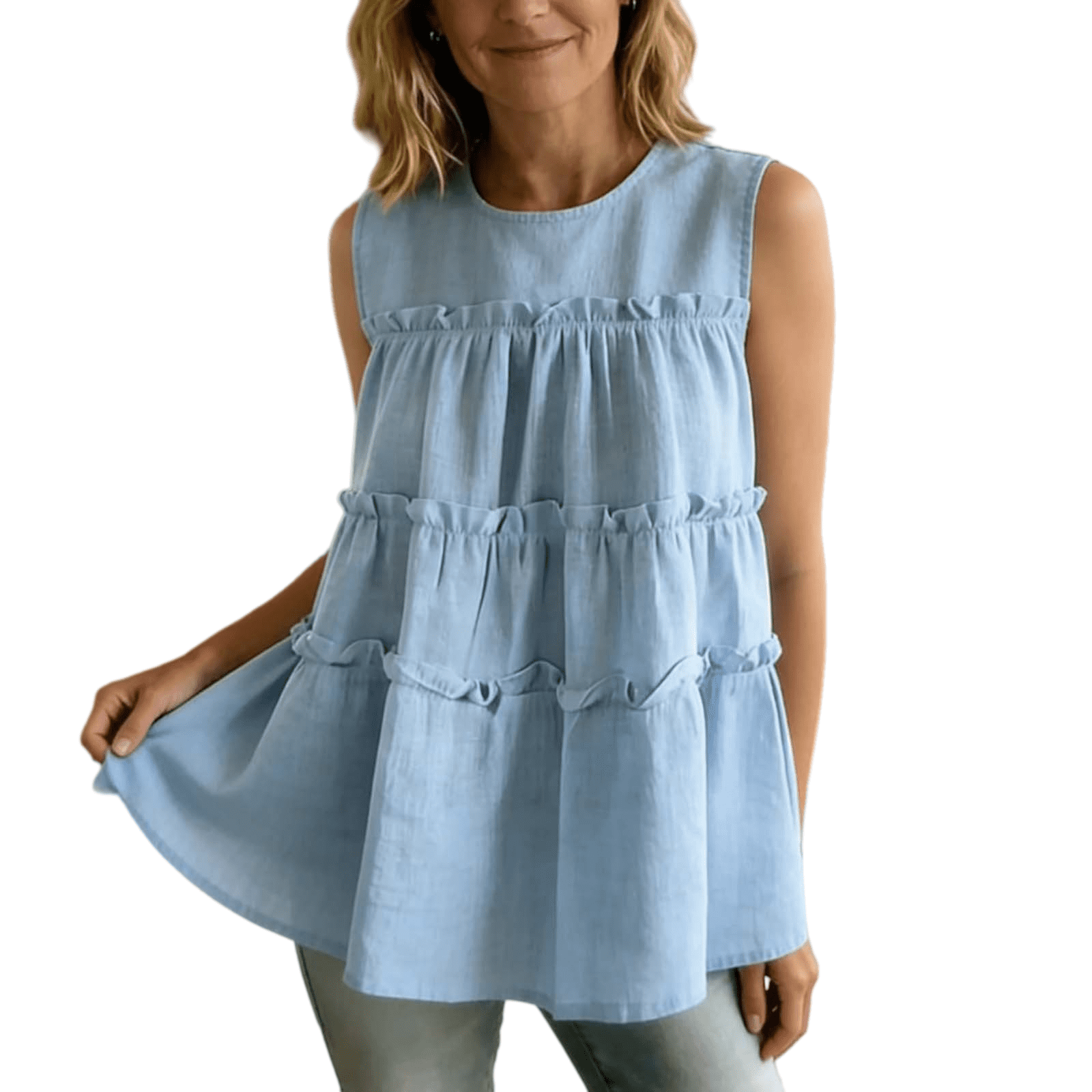 SwiftWear Women's Cute Ruffle Tank Top Crew Neck Cotton Linen Blend ...