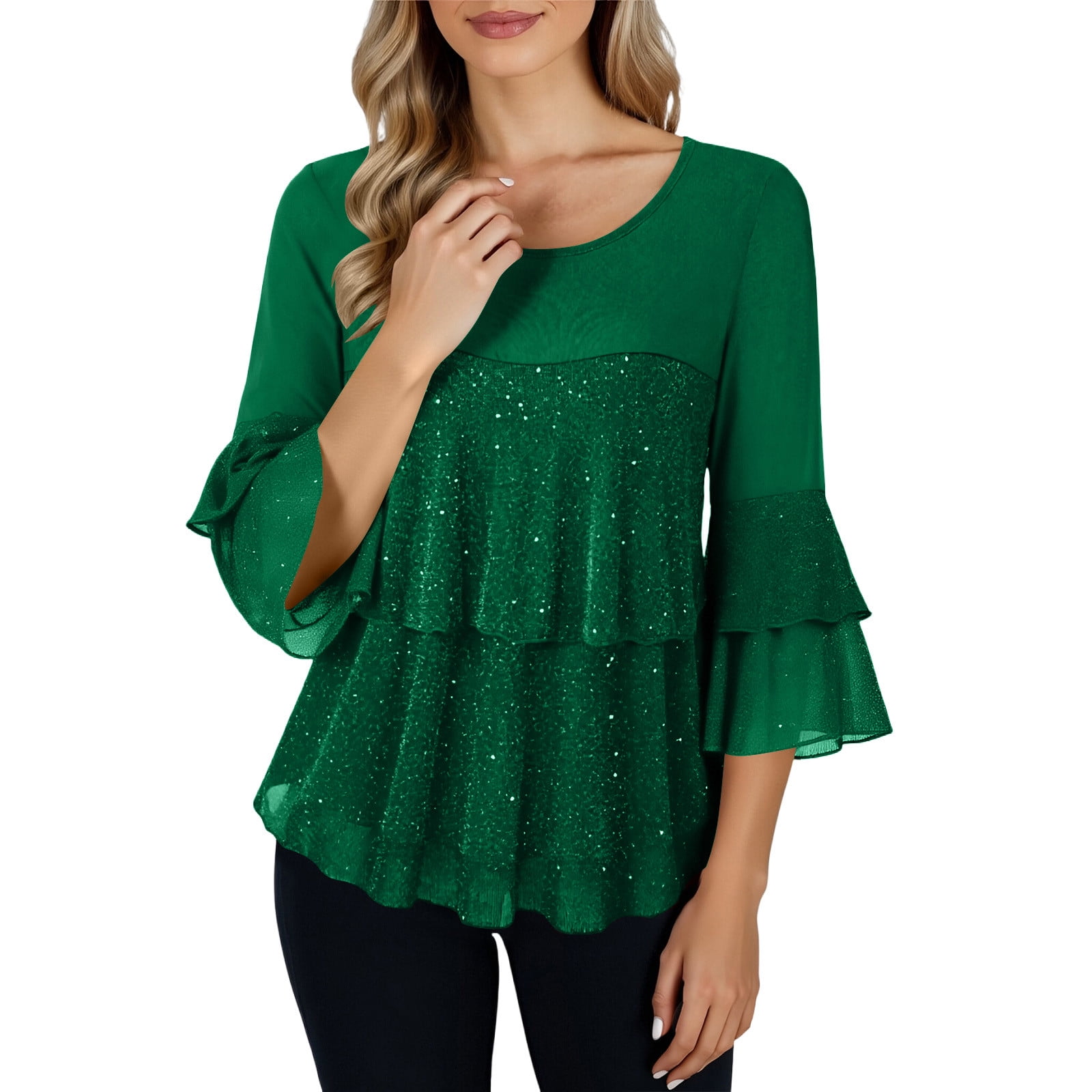 SwiftWear Women's Glitter Blouse 3/4 Bell Sleeve Party Tunic Tops ...