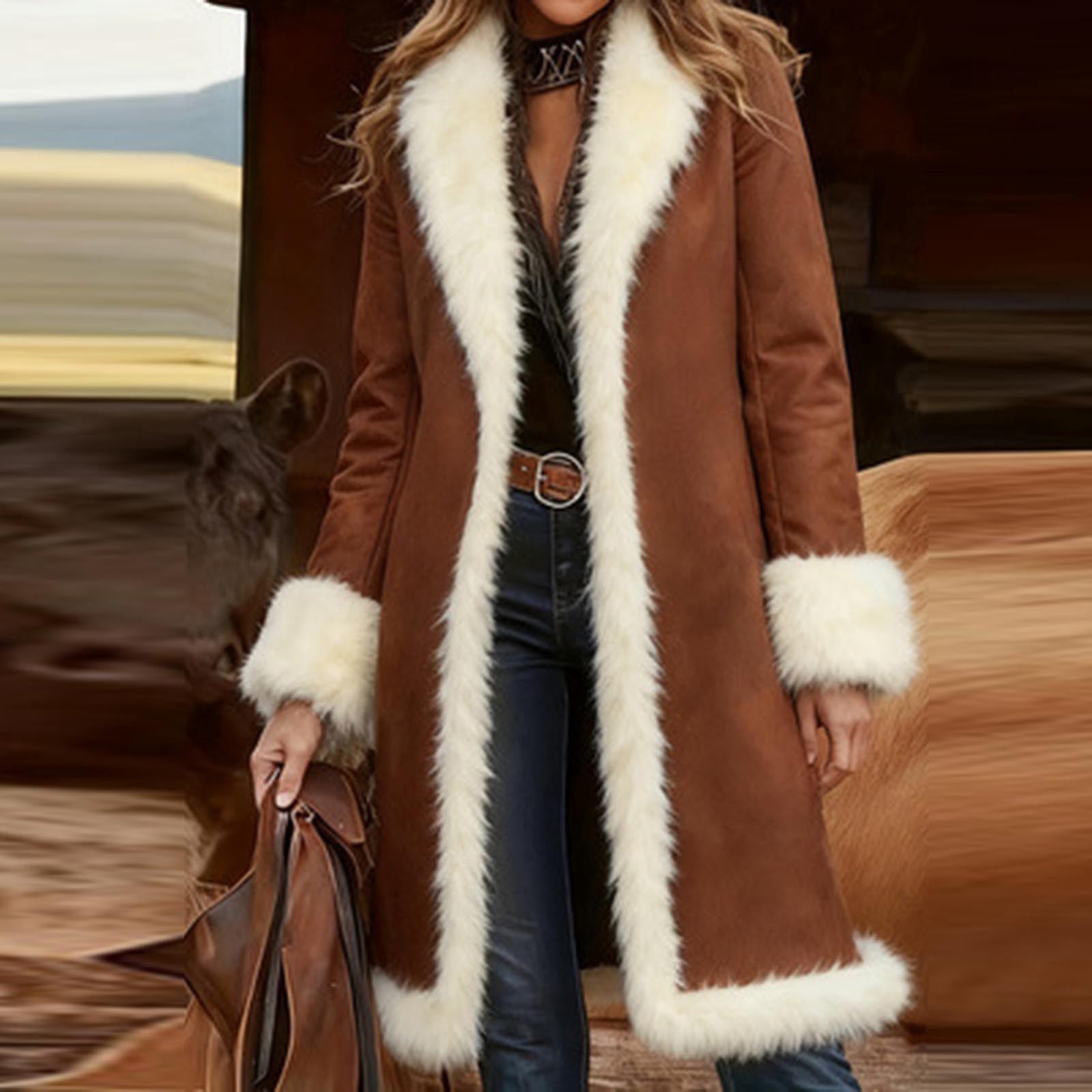 SwiftWear Women's Long Faux Fur Collar Coat Sherpa Lined Jacket Furry ...