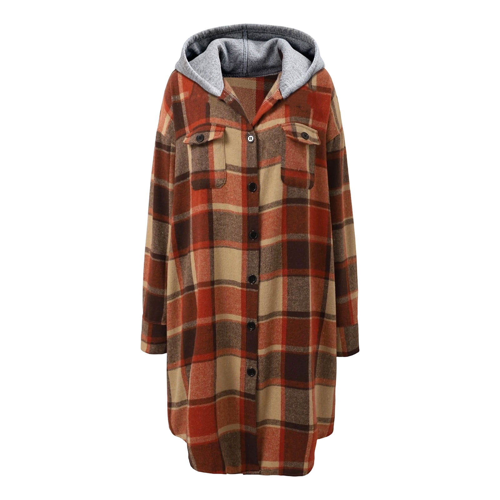 SwiftWear Women's Plaid Flannel Shirt Jacket Hooded Long Line Coat ...