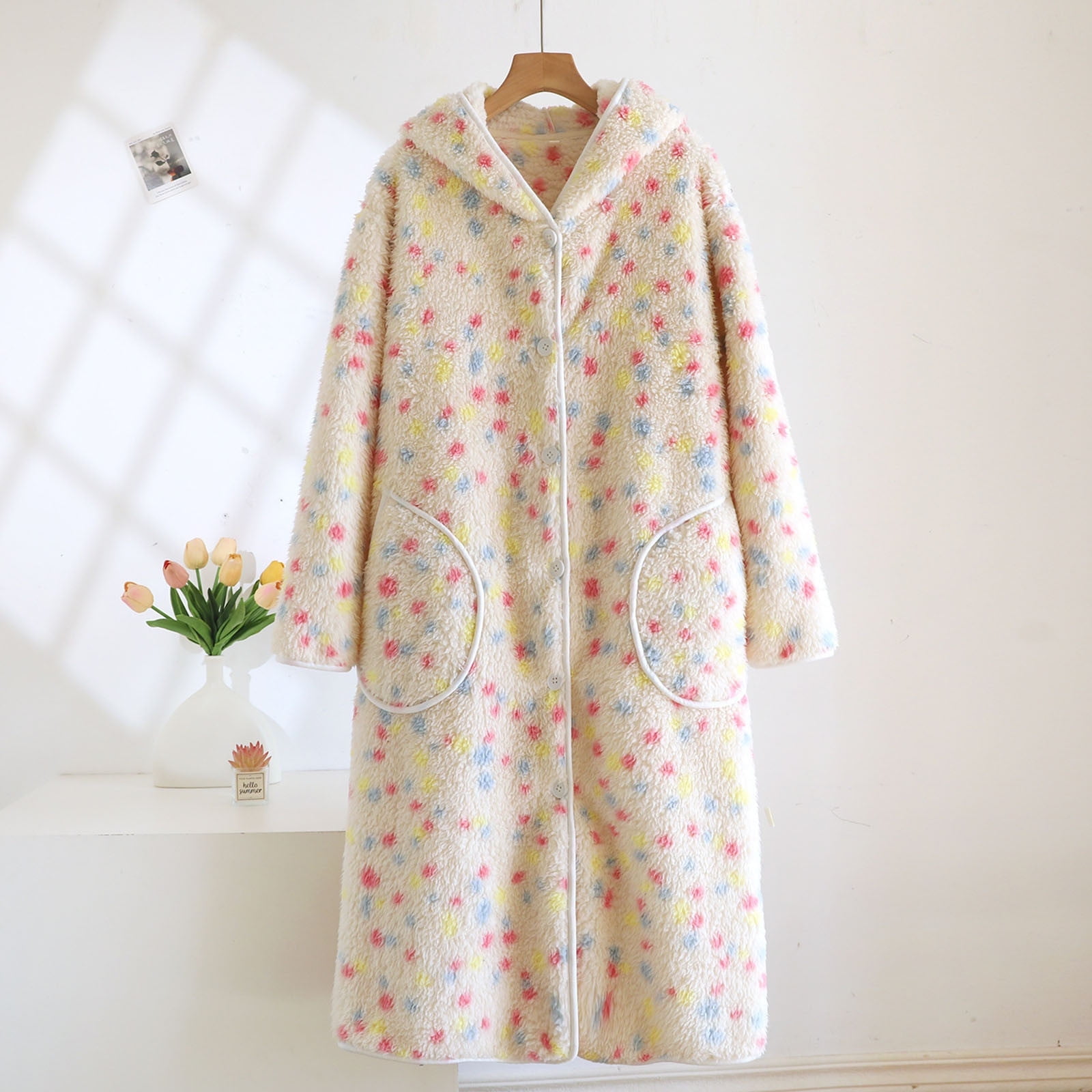 SwiftWear Women's Polka Dots Cute Hooded Robe Soft Flannel Button Down ...