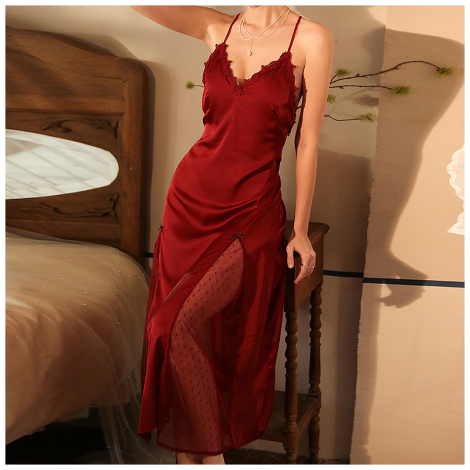 SwiftWear Women's Satin Slip Nightgown Lace Trim Backless Night Dress ...