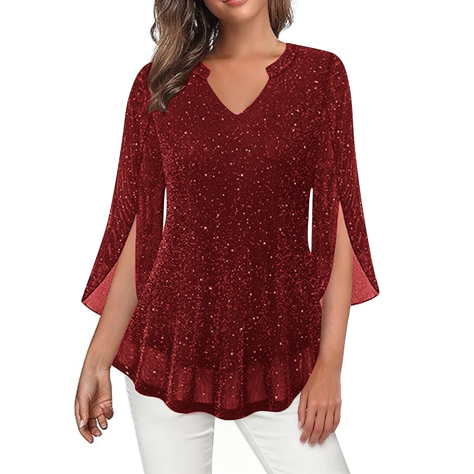 SwiftWear Women's Sheer Glittery Party Tops 3/4 Sleeve V-Neck Mesh ...