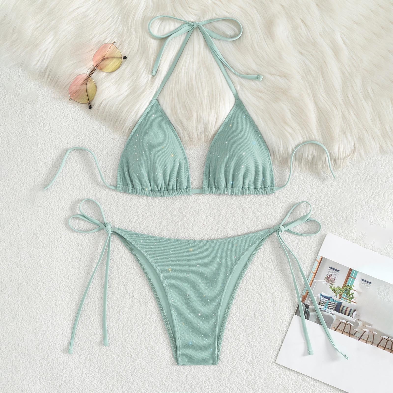 SwiftWear Women's Sparkling Sequin String Bikini Set Halter Neck ...