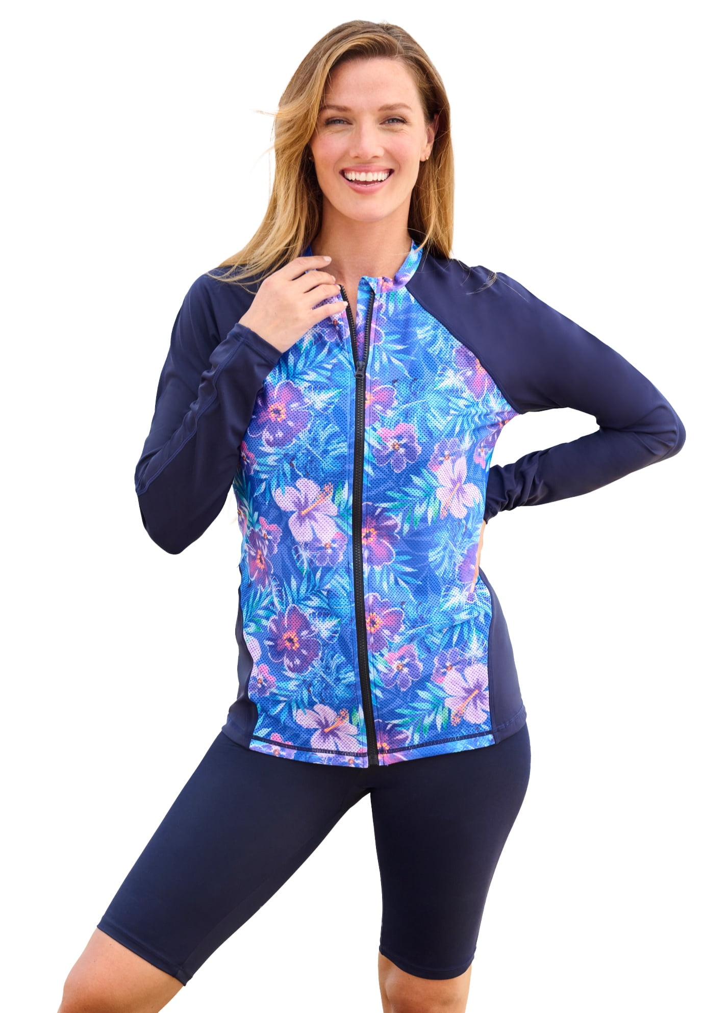 Swim 365 Women's Plus Size Chlorine Resistant Long-Sleeve Colorblock ...